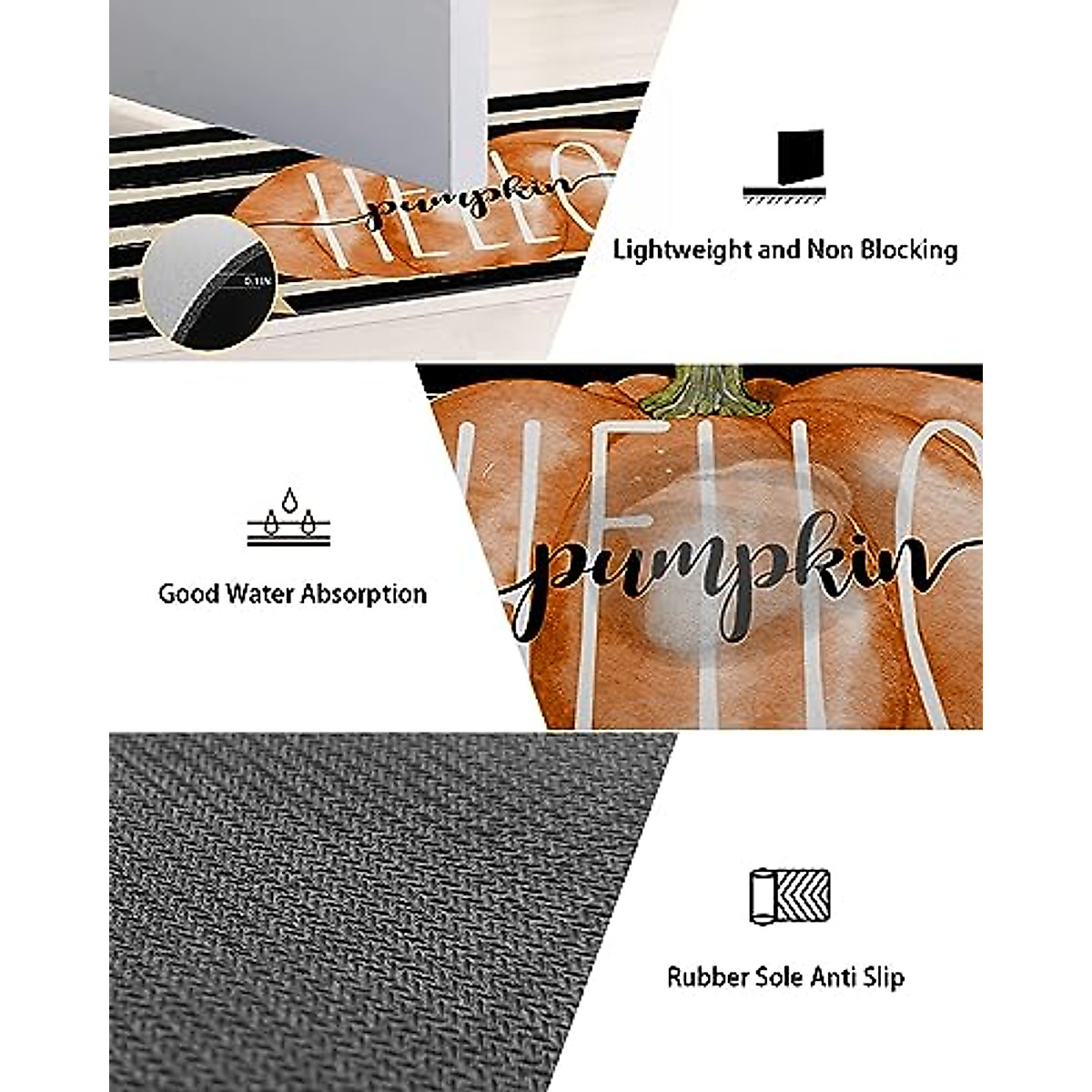 Stripes Pumpkins Bath Mat for Tub,Non Slip Bathroom Floor Runner Rug Quick Dry & Absorbent Diatomaceous Earth Kitchen Room Shower Sink Washable Doormat,Thanksgiving Fall Black White Geometry 16"x24"