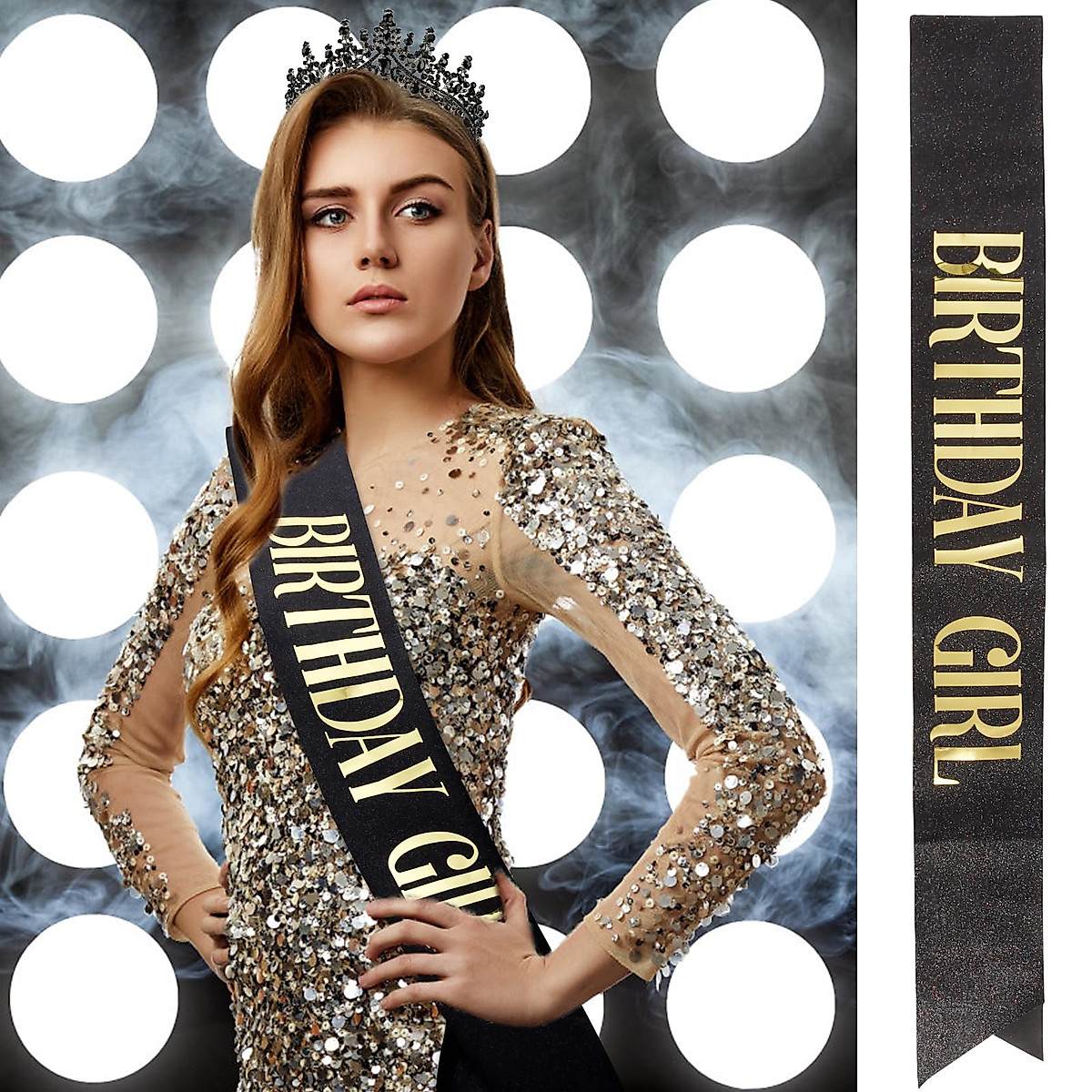 Velscrun Black Crystal Birthday Tiara Crowns for Women Girls Princess Crown with Combs Birthday Girl Headband Sash Happy Birthday Party Decorations Birthday Gift Cake Topper Hair Accessories