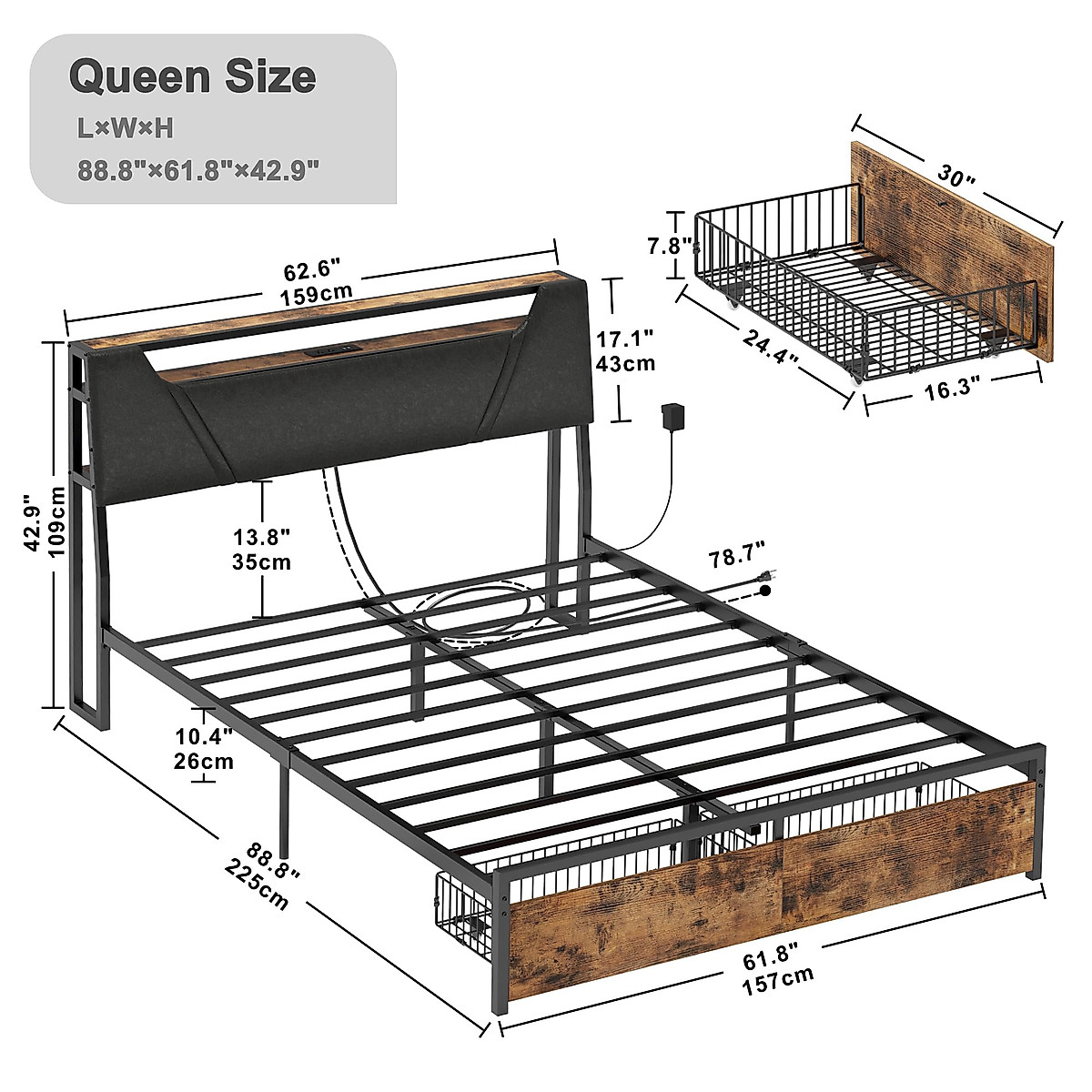 IRONCK Queen Bed Frame with Drawers, Ergonomic Storage Headboard with Charging Station, LED Light, Solid and Stable, No Box Spring Needed