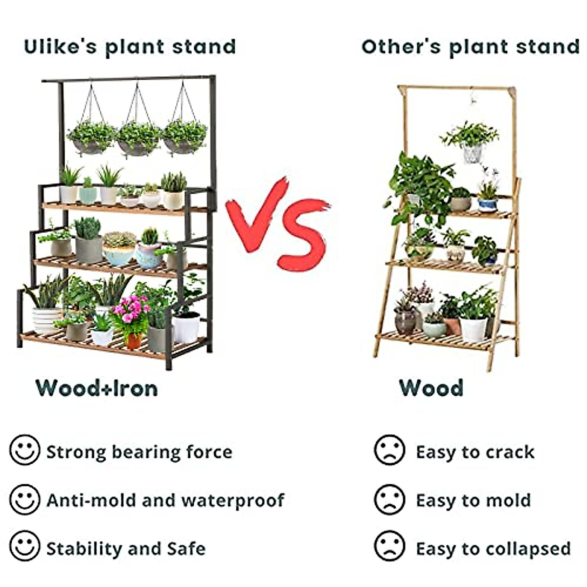 ULIKE Hanging Plant Shelves Indoor 3-Tier Stand with Bar, Flower Pot Organizer Outdoor Shelf for Multiple Plants, Wood Rack with Metal Frame for Garden Balcony Patio Bedroom Office