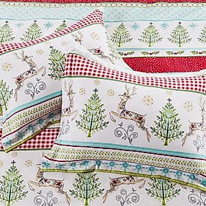 Levtex Home Merry & Bright Collection - Comet and Cupid Duvet Set - King Duvet Cover (106 x 94in.) + Two King Sham (36 x 20in.) - Holiday Deer and Christmas Trees - Red Green White Teal