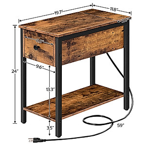 HOOBRO End Table with Charging Station, Set of 2 Narrow Side Table, Small Nightstand, Bedside Table with Drawer and Storage Shelves, for Small Spaces, Rustic Brown and Black BF041BZP201