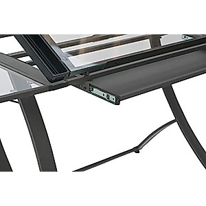 SD STUDIO DESIGNS Futura Luxe Drawing, Drafting, Craft Table with Drawer, 35" Wide Angle Adjustable Top and Side Shelf, Pewter Grey/Clear Glass