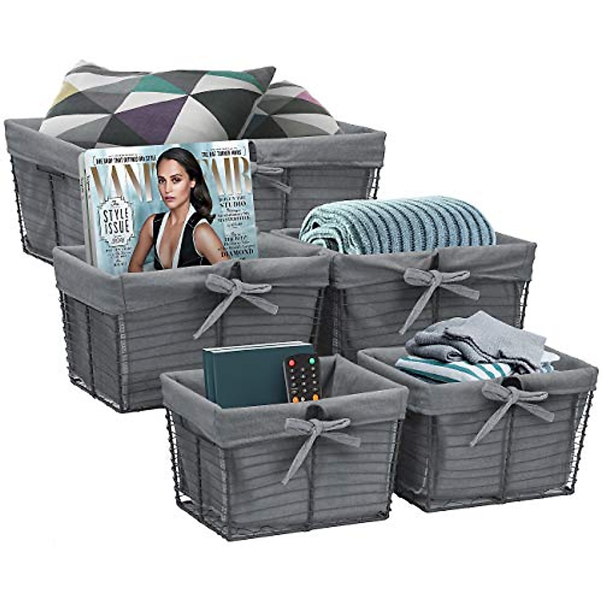 Sorbus Premium Basket Set with Cotton Fabric Liner - Multipurpose Versatile Stackable Baskets for Organizing - Rustic Farmhouse Open Home Storage Bins & Decorative Baskets for Shelves - 5 Pack | Gray