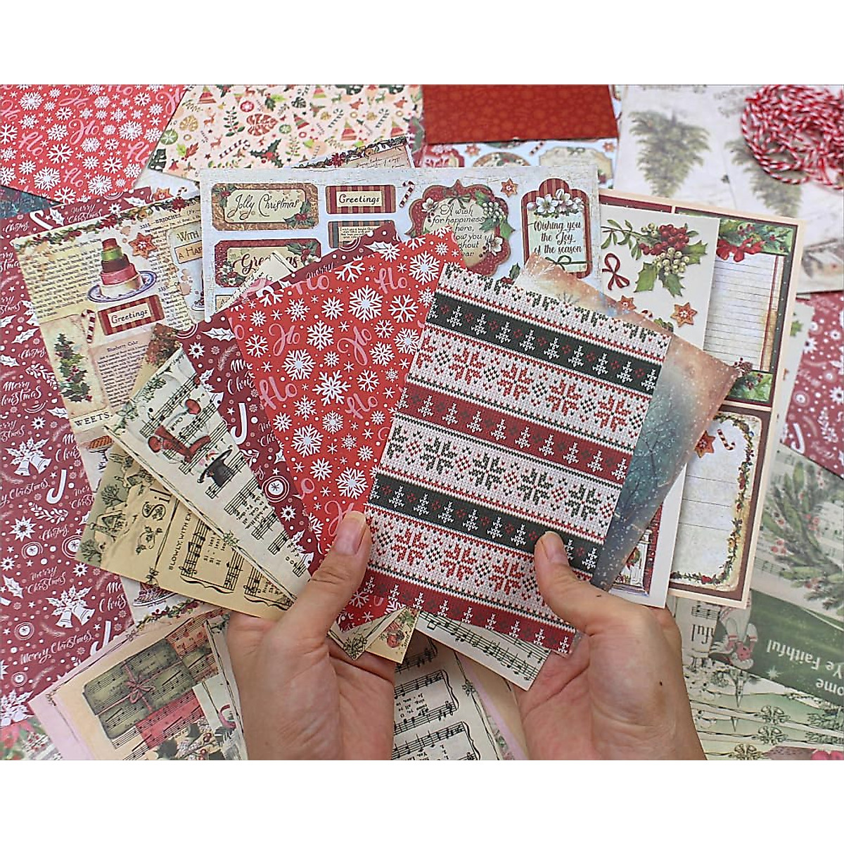 Dwpetzo 128 Sheets Christmas Scrapbook Paper Stickers Kit for Scrapbooking Supplies, 5.5" x 3.9" 30 Christmas Patterned Single Sided Sheets, 6.3"x6.3" 8 Sheets Scrapbook Stickers