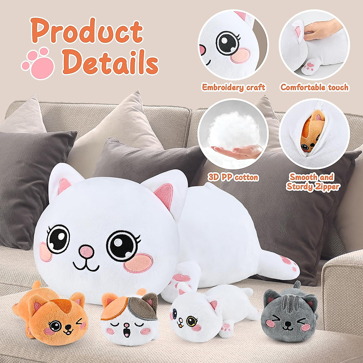KMUYSL Cat Stuffed Animals Toys for Ages 3 4 5 6 7 8+ Years Old Kids - Mommy Cat with 4 Baby Kitty in Her Tummy, Idea Xmas Birthday Gifts for Baby, Toddler, Girls, Boys