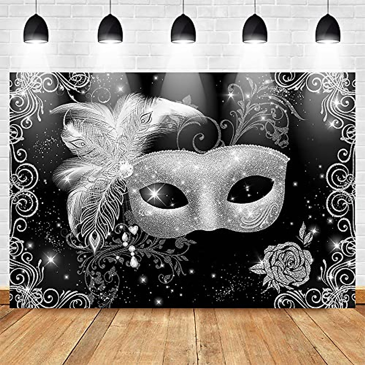 Mocsicka Masquerade Ball Backdrop Black Silver Masquerade Party Background Mardi Gras Costume Party Cake Table Decoration Banner Photo Booth Props (7x5ft)