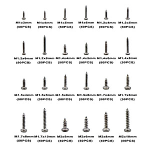 HVAZI 24 Kinds M1 M1.2 M1.4 M1.5 M1.7 M2 304 Stainless Steel Phillips Pan Head Small Self Tapping Screws Assortment Kit