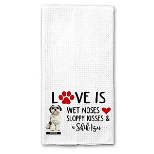 The Creating Studio Personalized Love is Wet Noses Sloppy Kisses and a Shih Tzu Waffle Kitchen Towel, Valentine Gift, Housewarming Gift, Dog Lover Gift (Blk/White Dog)