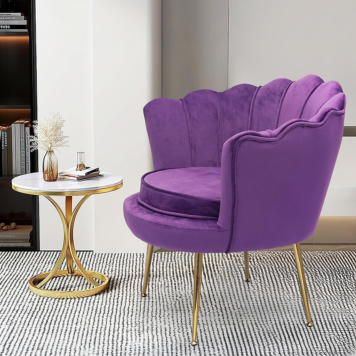 MoNiBloom Upholstered Velvet Accent Chair Elegant Mid-Century Modern Purple Shell Chair w/Cushion and Golden Legs, Retro Leisure Tufted Flower Arm Chair for Living Room Bedroom Reading Areas