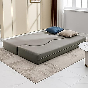 ijuicy Full Size Convertible Floor Sofa Bed, Futon Sofa Bed Foldable, Foam Folding Mattress Sleeper, Leathaire Fabrics Floor Couch Lounge Sleeper Bed for Small Spaces-Light Grey