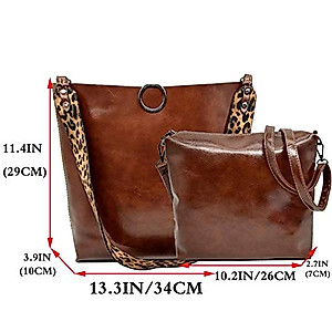 FiveloveTwo Ladies Women 2Pcs Handbag Leopard Print Shoulder Crossbody Bag PU Leather Totes Hobo Purse Clutch Brown