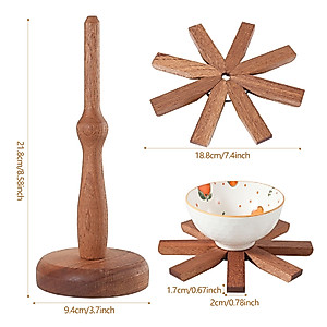 Fzaqwen Wooden Trivets for Hot Dishes - Walnut Tree Shape Table Insulation Mat Set for Hot Pots and Pans Collapsible Coasters Heat Resistant Pads for Kitchen Counter 4 Wooden Trivet and 1 Stand