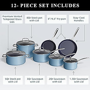 Nuwave Healthy Duralon Blue Ceramic Nonstick Cookware Set, Diamond Infused Scratch-Resistant, PFAS Free, Dishwasher & Oven Safe, Induction Ready & Evenly Heats, Tempered Glass Lids & Stay-Cool Handles