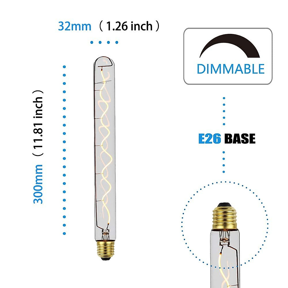WOPARU Long Test Tube Spiral Vintage Edison Filament Light Bulb，T10/T32 Medium (E26) Standard Base E27，4W 2200K 240LM Dimmable LED Edison Bulb,40W Equivalent Warm White (Clear Glass)