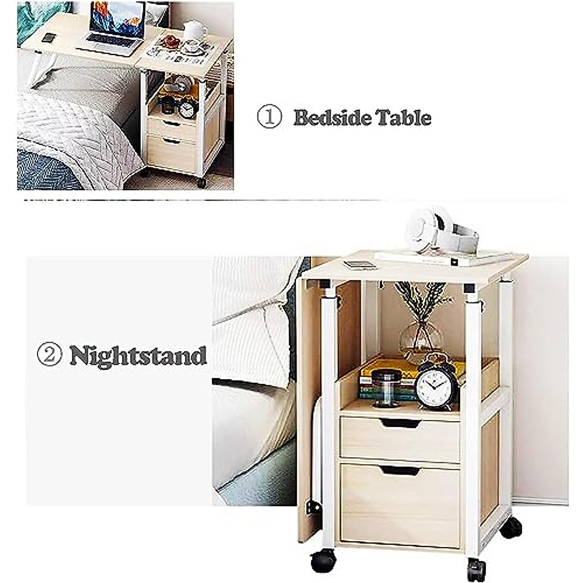 GFertre 2 in 1 Overbed Table with Wheels, Bedroom Side Table, Foldable Bedside Table with Drawer, Height Adjustable Over Bed Desk Laptop Mobile Computer Desk Workstation with Wheels Nightstand (White)