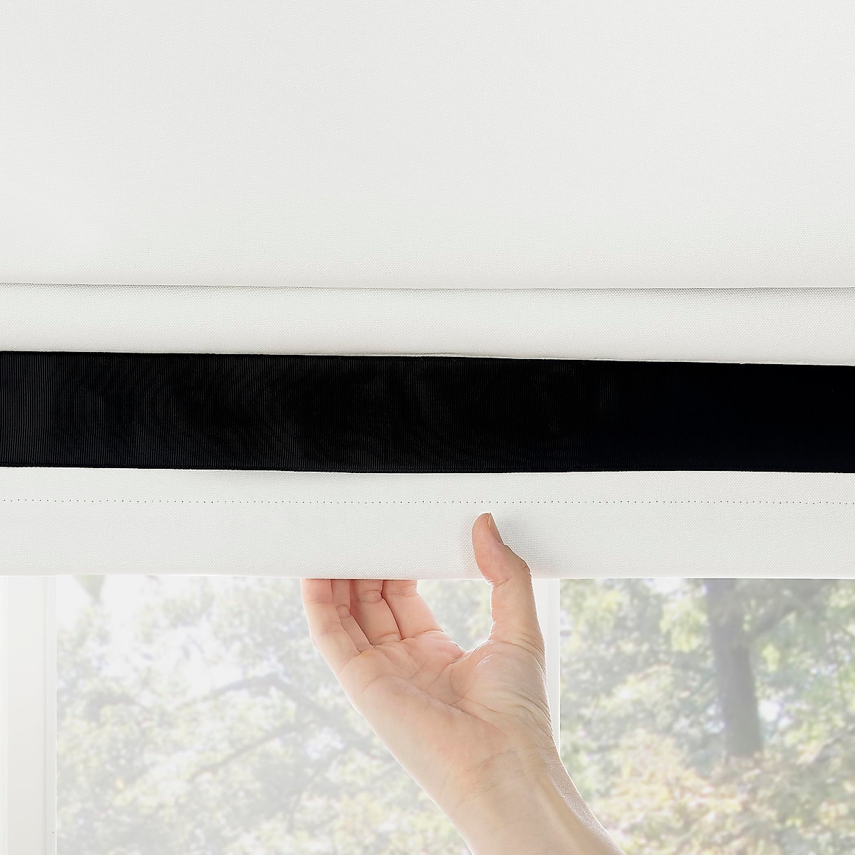 Sun Zero Denna Black Ribbon Border Stripe 100% Blackout Cordless Roman Shade, 33" x 64", Black/White