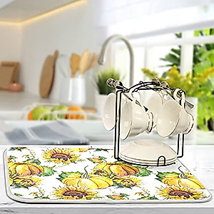 susiyo Autumn Pumpkins Sunflowers Dish Drying Mat for Kitchen, 18x24 inch Absorbent Dishes Drainer Pad for Kitchen Countertop