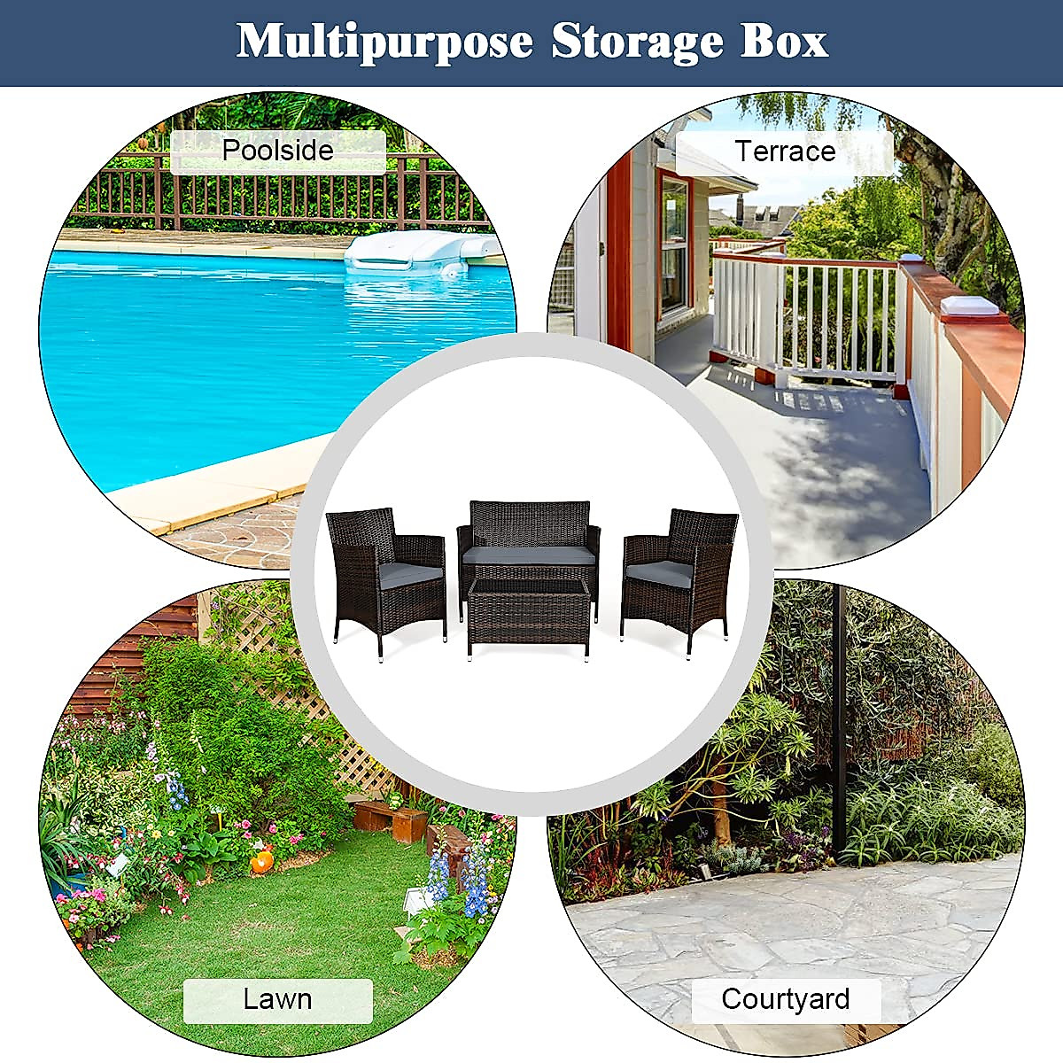 Toolsempire 4 Pieces Patio Sofa Set, Wicker Conversation Set with Ergonomic Curved Backrest, Patio Rattan Furniture Set with Water-Resistant Cushion & Tempered Glass Table for Balcony, Porch (Gray)