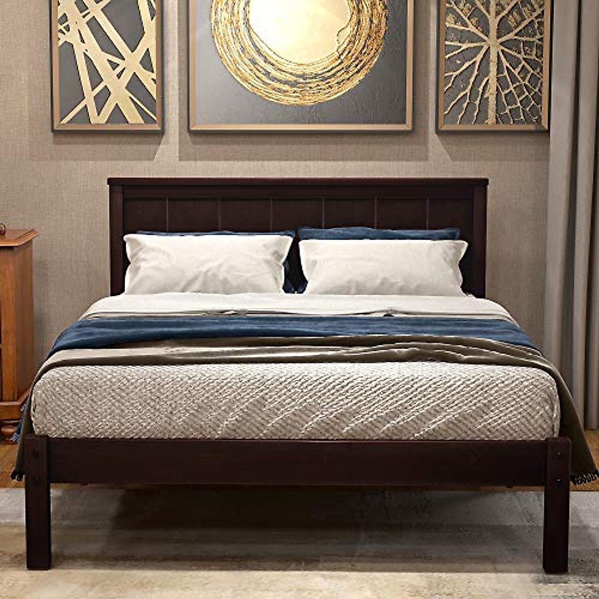 JCSTEU Twin Bed Platform Bed Frame with Headboard, Wood Frame Bed No Box Spring, Wood Slat Support Platform Bed Easy Assembly, Espresso