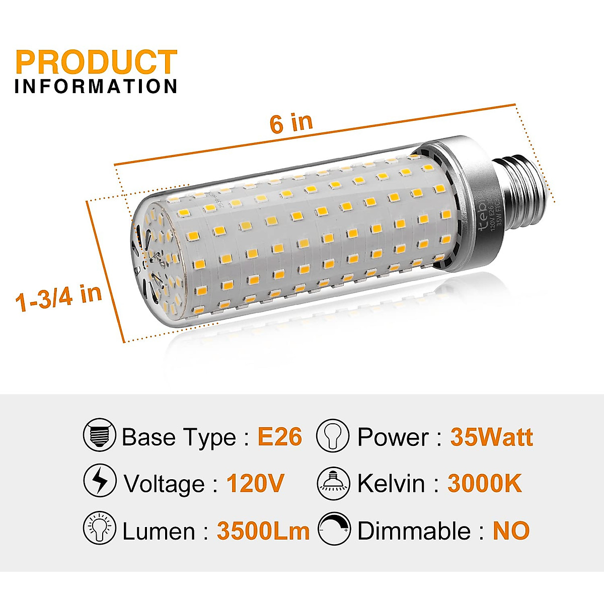 tebio 35W Warm LED Light Bulb 300W Equivalent 3500 Lumen Warm White 3000K, E26/E27 Base Non-dimmable LED Corn Bulbs 3-Pack
