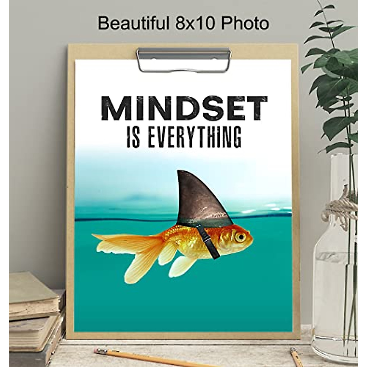 Mindset is Everything - Motivational Wall Art Poster for Home, Office - Gift for Entrepreneur, Student, Men, Teens - Inspirational Decor - Uplifting Self-Improvement Positive Quote - Shark Goldfish