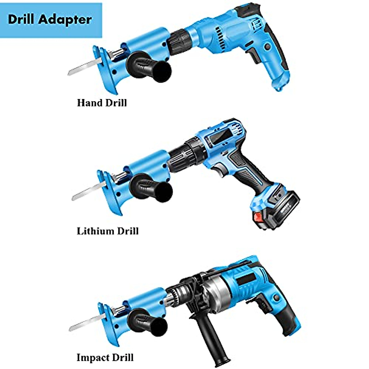 Electric Reciprocating Saw, Portable Electric Jig Saw for Wood Metal Cutting, Electric Drill Tool Attachment, Electric Hand Saw with 3 Saw Blades, Blue