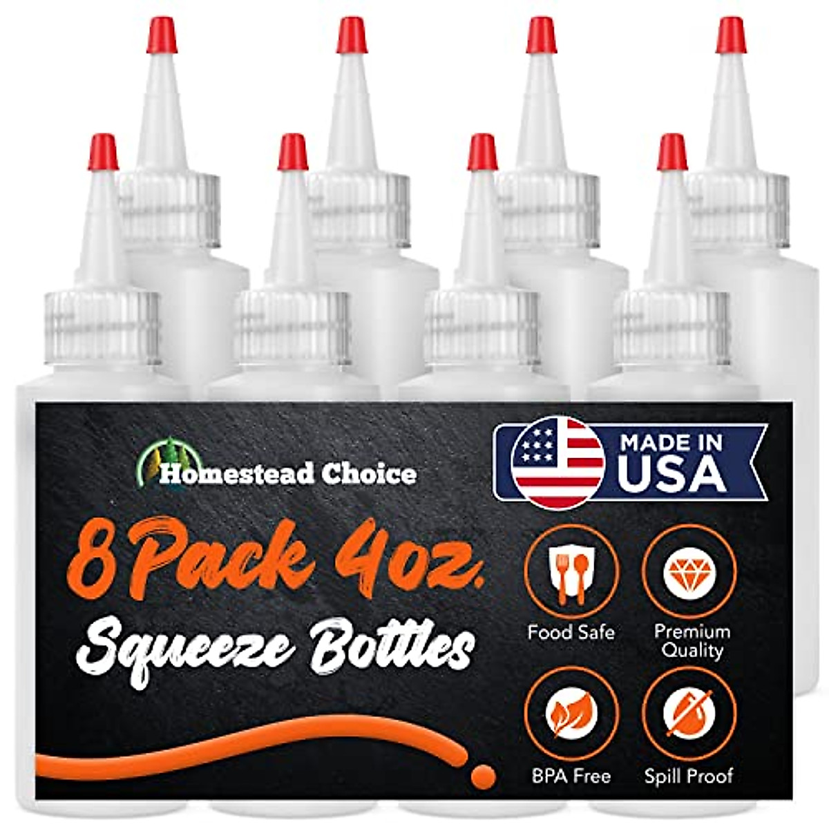 4 OZ Plastic Squeeze Bottles for Sauces - 8 Pack Condiment Squeeze Bottles for Liquids - Made in USA - BPA Free Squirt Bottles with Cap - Ketchup, Syrup, Oil, Dressings, Honey & Arts and Crafts