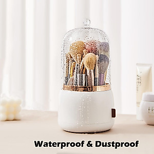 DEEIF Makeup Brush Holder Organizer with Lid 360 Rotating Dustproof Makeup Brushes Organizer for Vanity (Pearl White)
