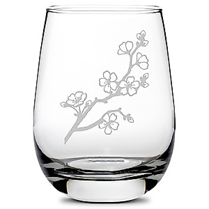 Integrity Bottles Cherry Blossom Design Stemless Wine Glass, Handmade, Handblown, Hand Etched Gifts, Sand Carved, 16oz