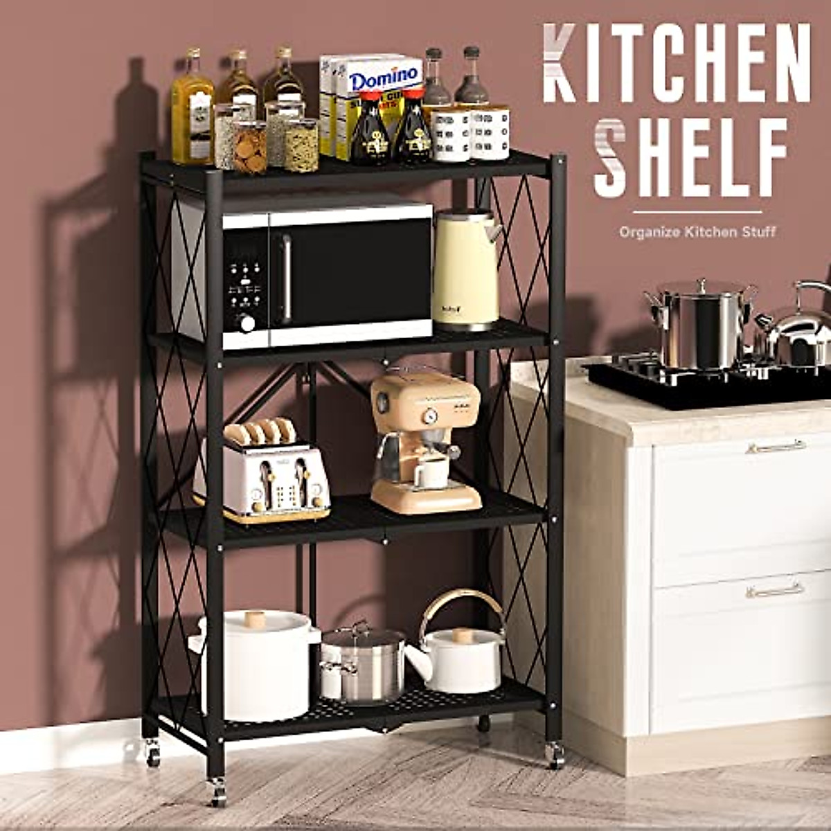 MYDENIMSKY 4 Tier Storage Shelf, Heavy Duty Foldable Shelving Units with Wheels, Metal Storage Rack, Wire Shelving Units No Assemble Required, Moving Easily Great for Laundry Garage Kitchen, Black