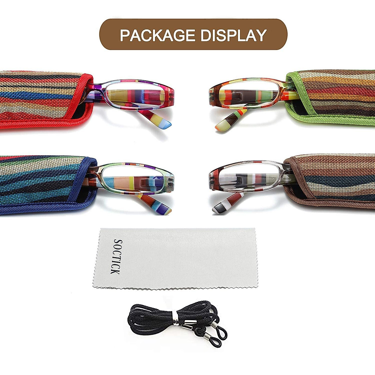 SOCTICK Reading Glasses 4 Pairs Fashion Ladies Readers Spring Hinge with Pattern Print Eyeglasses for Women +2.5