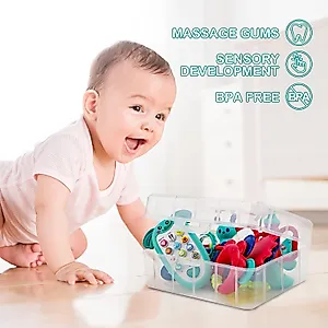 Baby Rattle Teether Toy Phone Set, 10PCS Infant Newborn Baby Toys 6 to 12 Months, Grab Spin Rattle Shaker with Storage Box, Infant Teething Toys for Toddlers Boys Girls