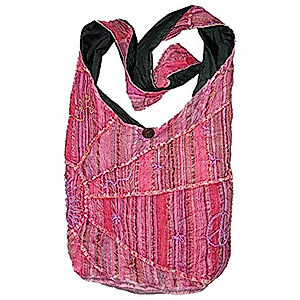Pink Embroidered Peace and Sunrise Sling Crossbody Purse Boho Handbag Large