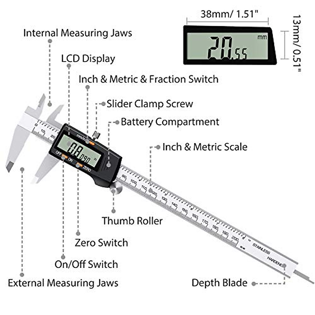 eSynic Digital Vernier Caliper 200 mm/ 8 Inch Stainless Steel Electronic Caliper Fractions/Inch/Metric Conversion Measuring Tool for Length Width Depth Inner Diameter Outer Diameter