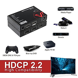 AV Access HDMI 2.0 Switch 4 in 1 Out UHD 4K@60Hz & 1080p@120Hz, HDR10 Dobly Vision and 3D, 18Gbps Zero Latency, HDCP 2.2, Plug & Play, IR Remote/Plug-in/Button Switch, Digital DTS-HD TrueHD Audio