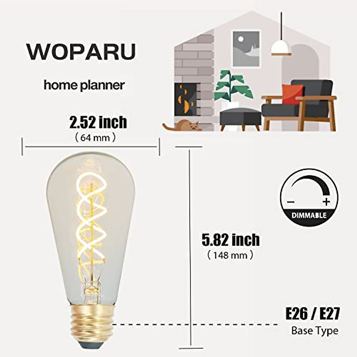 WOPARU ST21(ST64) Vintage Edison Filament Spiral Light Bulb,E26/E27 Base 4W 2300K 200lm Dimmable Antique LED Edison Bulbs,40W Equivalent Warm White - Clear Glass