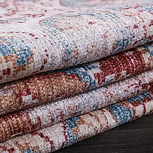 CAMILSON Printed Area Rugs with Ultra Thin Super Strong for Living Room Bedroom, Distressed Vintage Rug 5x7, Stain and Water Resistant, Bohemian Indoor Carpet (5 x 7, Rust Red)