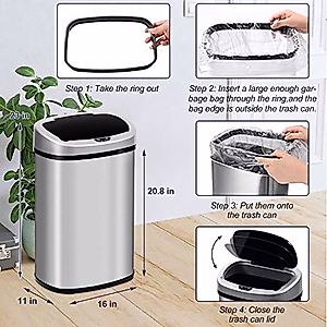 Trash Can 13 Gallon Automatic Kitchen Garbage Can Touch Free Stainless Steel Kitchen Trash Can with Lid, 50L High Capacity Electronic Touchless Sensor Trash Bin Garbage Bin Waste Bin, Silver