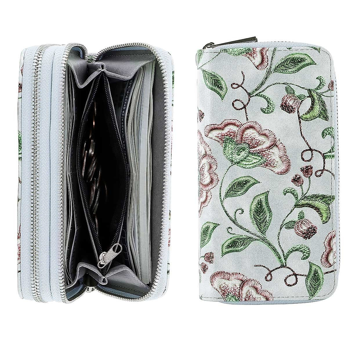 Women's Double Zipper Wallet Large with Removable Wristlet Clutch Cellphone Bag with Wristlet and ID Window(Blue morning glory)