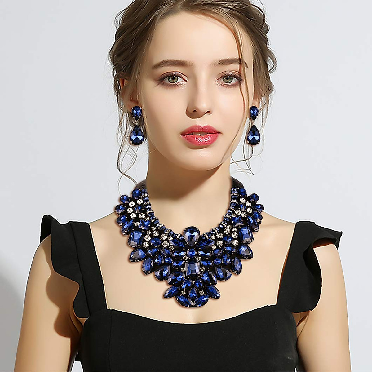 Flyonce Costume Jewelry for Women, Rhinestone Crystal Statement Necklace Earrings Set Dark Blue