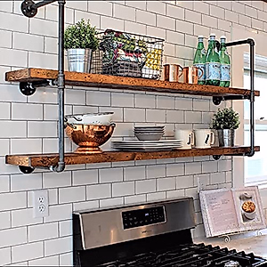 Melody House Industrial Pipe Shelving Wall Mounted Rustic Floating Shelves Iron Shelves for Wall DIY Bookshelf Brackets for Home Kitchen Office (4 Tier, 2 Pcs, 37” Tall, 12” Deep)