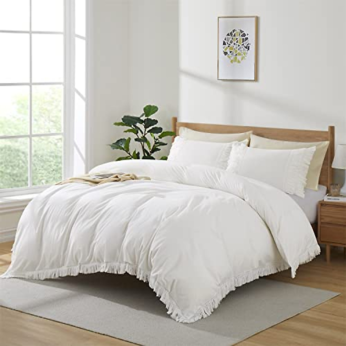 ZJZC Art White Duvet Cover Queen Size with Tassels,100% Cotton Boho Farmhouse Bedding Set 3 Pieces with Pillow Shams Super Soft and Breathable Bed Set for All Seasons (White, Queen)