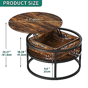 YITAHOME Round Lift Top Coffee Table, Coffee Tables with Living Room with Hidden Storage Compartment, Coffee Table with Storage for Home Office,Circle Center Tables Living Room,Rustic Brown