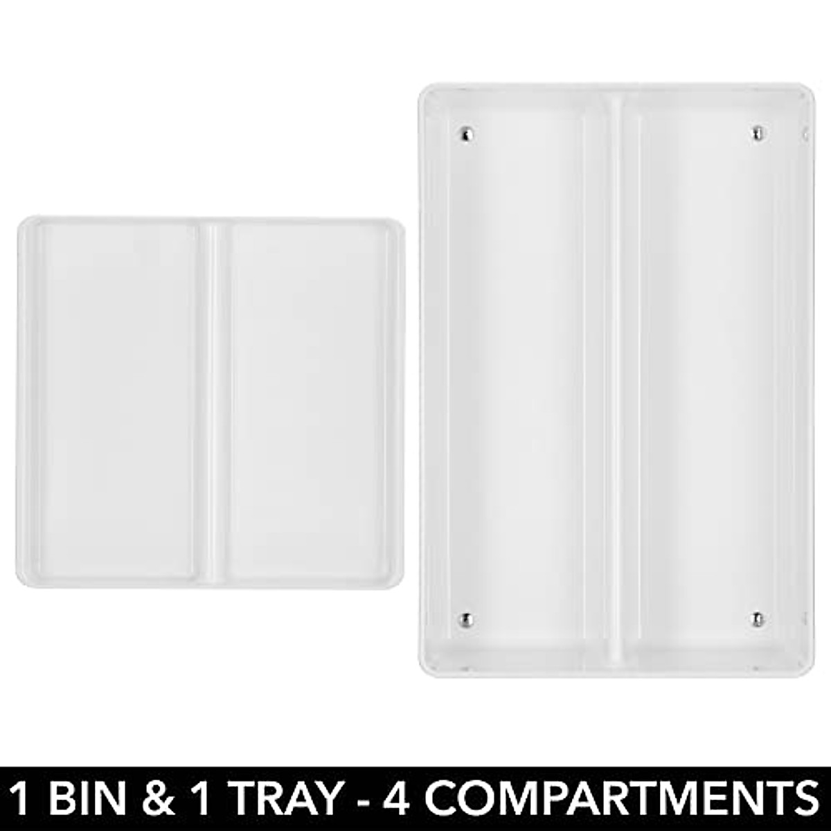 mDesign Plastic Stackable Kitchen Storage Drawer Organizer Bin with 2-Tier Tray for Cabinet, Pantry, Drawer, Refrigerator, Freezer - Hold Utensils, Flatware, Appliances - Ligne Collection - White