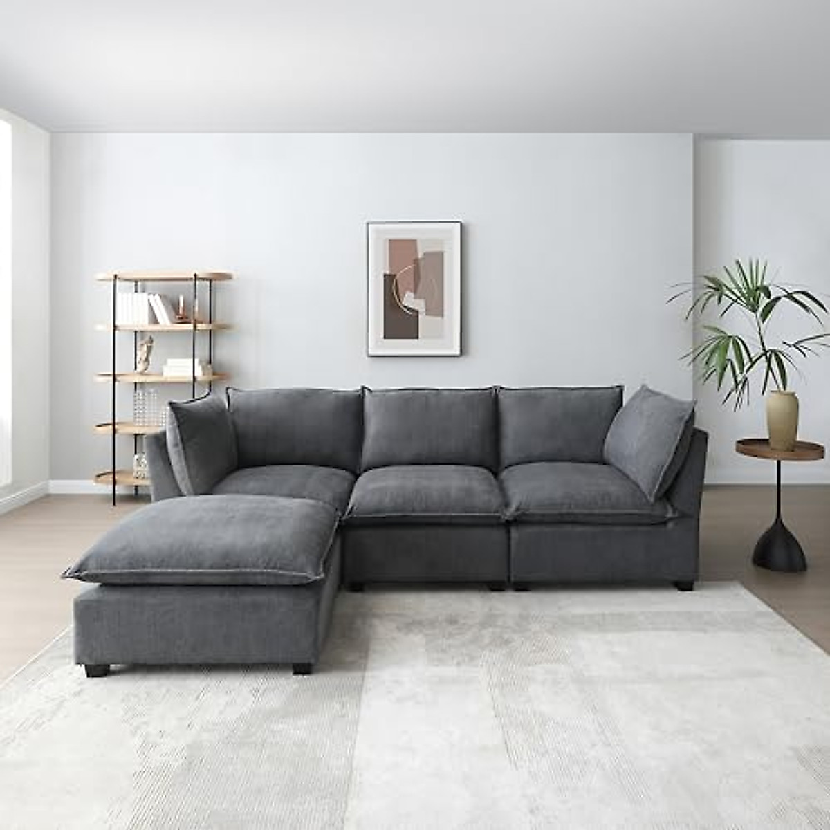 L-Shaped Modular Sectional Sofa Down Feather Cushions Deep Seat Reversible Chaises Cloud Couch Living Room Convertible Sleeper Upholstered Sofabed with Movable Ottomans
