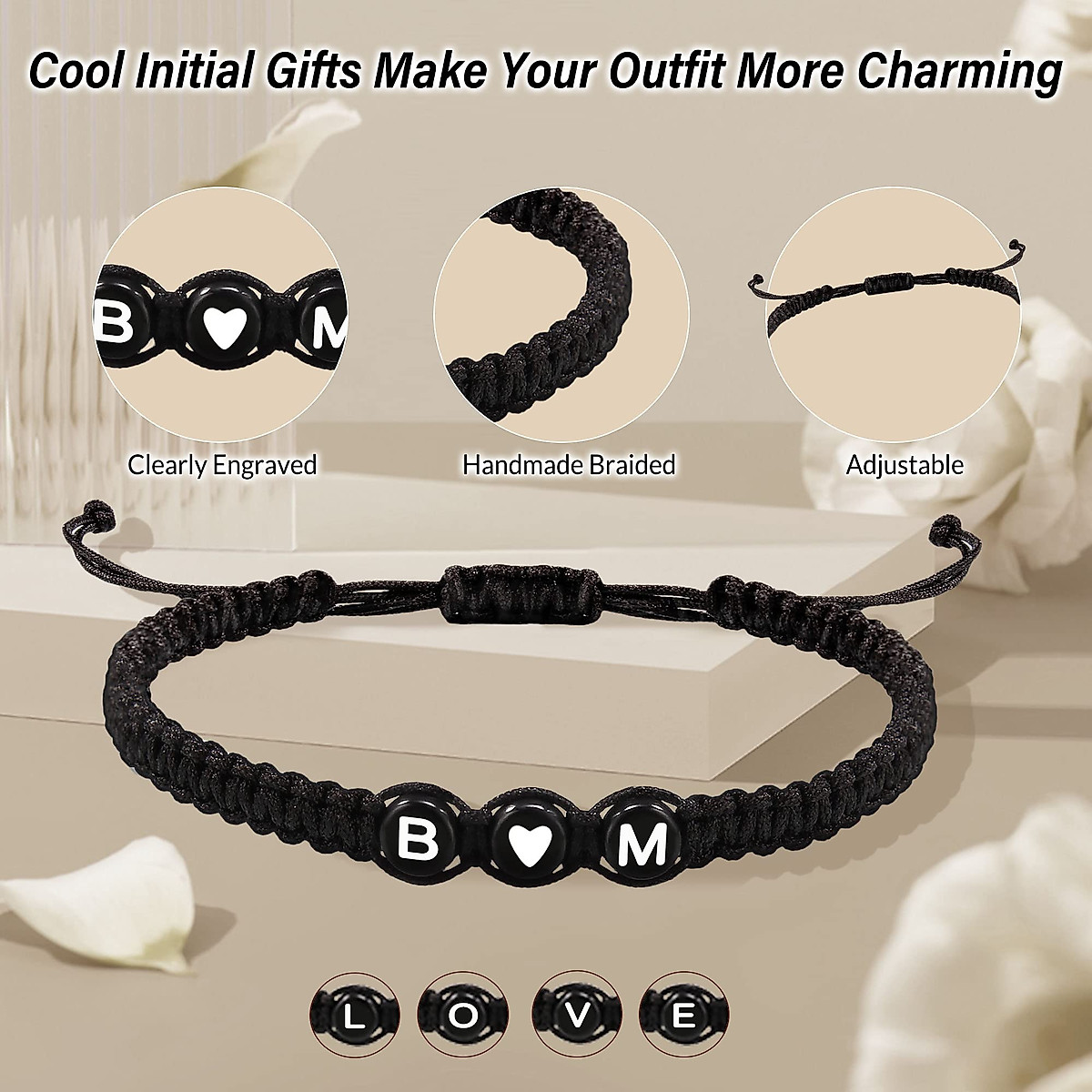 Initial Bracelet Braided Bracelets for Women Teen Gifts Letter Charm C&J Handmade Cuff Best Friend Birthday Gifts for Girlfriend Boyfriend Husband Christmas Jewelry