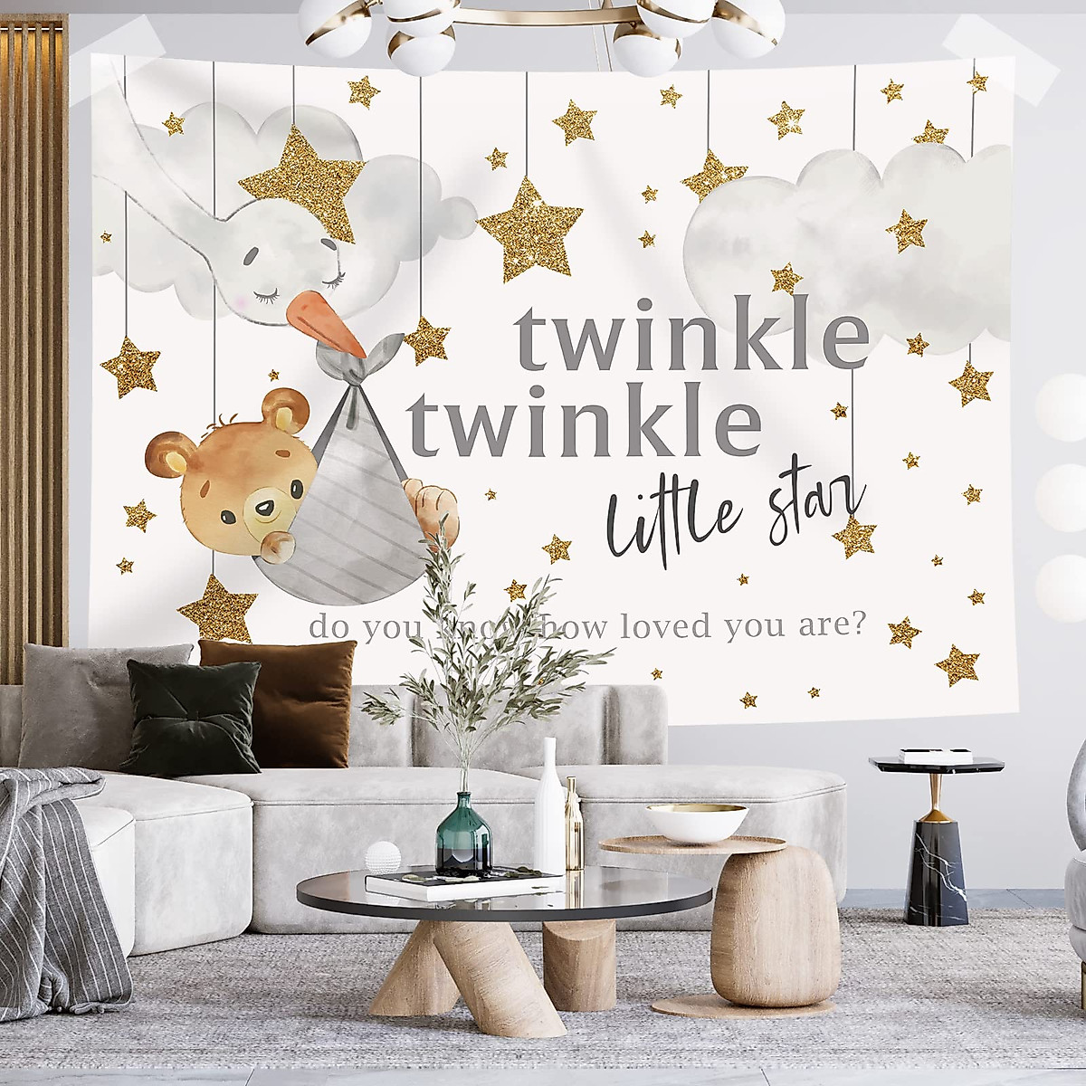 Rsuuinu Twinkle Twinkle Little Star Backdrop Baby Bear Gold Stars Clouds Baby Shower Birthday Newborn Photography Background Baby Kids Wall Decorations Party Banner Supplies Photo Booth Props 7x5ft