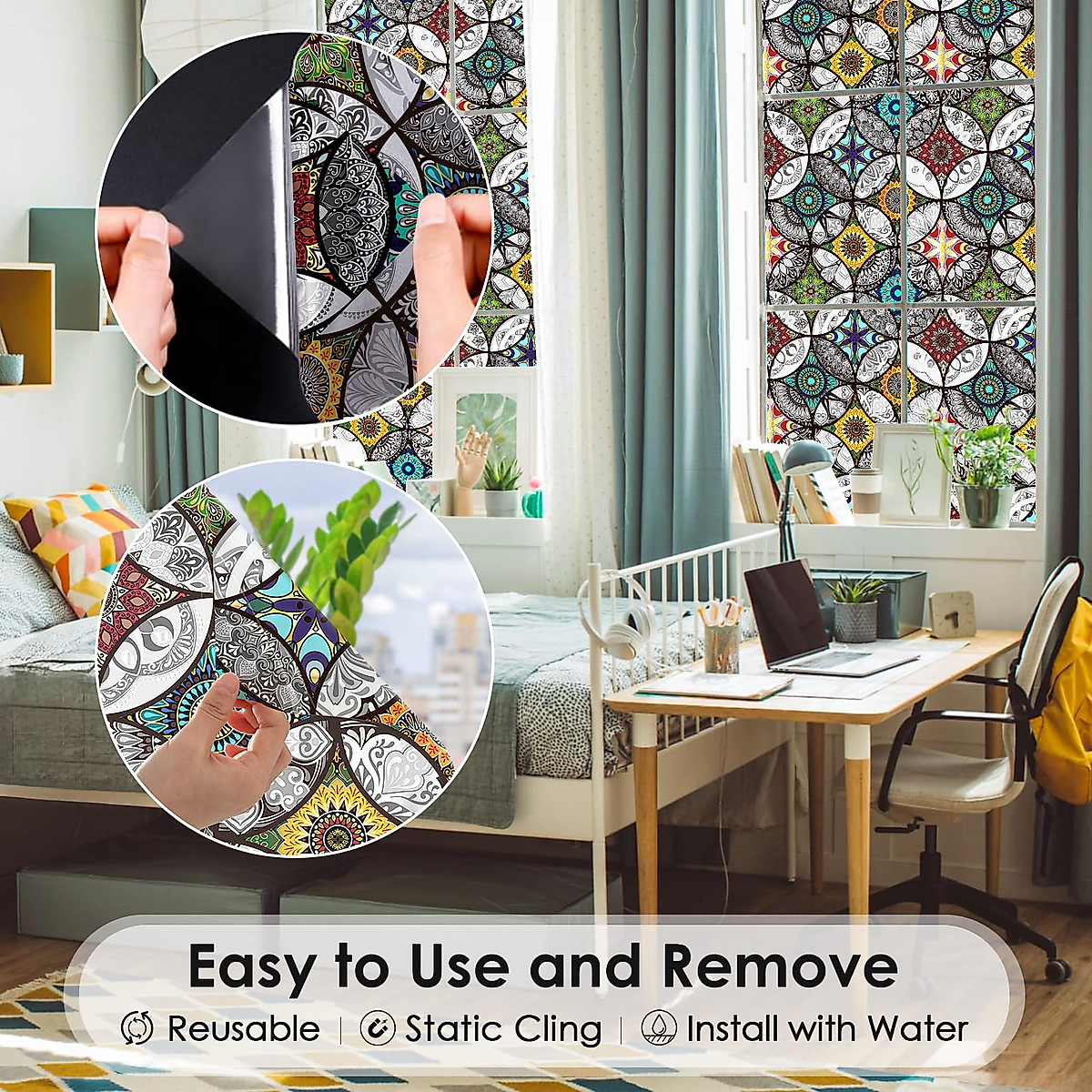 DKTIE Boho Chic Window Privacy Film with Installation Tools - Soften Light, Reduce UV Rays, Decorative Stained Glass Window Tinting Film for Home, Window Clings, 17.5 x 78.7Inch, Peacock Blue