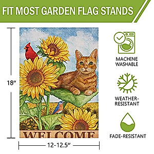 Furiaz Cat Cardinal Sunflower Welcome Spring Decorative Small Garden Flag, Summer Yard Orange Kitty Tabby Red Bird Outside Decoration, Fall Autumn Outdoor Burlap Decor Double Sided 12 x 18